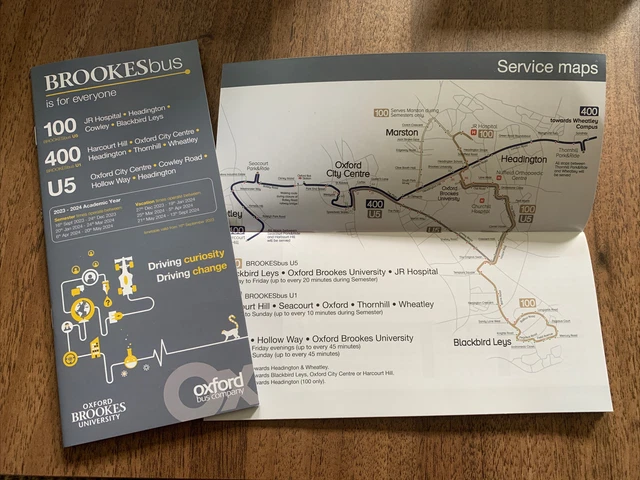 OXFORD BUS: BROOKES Bus timetable leaflet routes U1 and U5 2023/24 ...