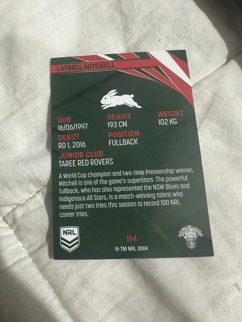 SIGNED LATRELL MITCHELL South Sydney Rabbitohs 2024 NRL Traders Card ...