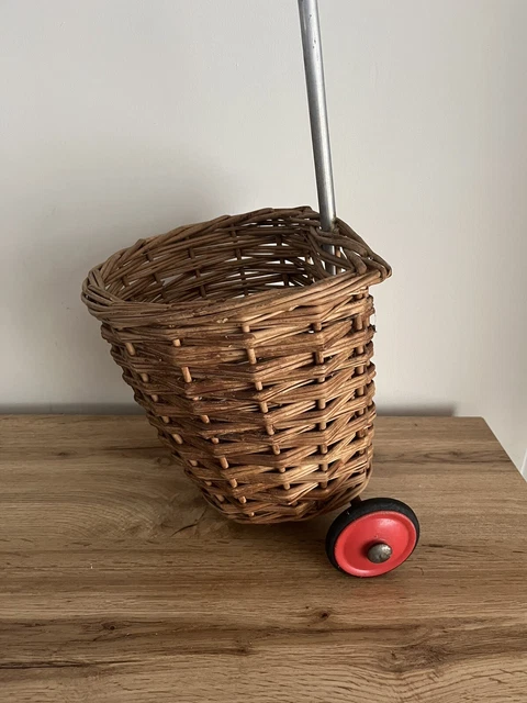 VINTAGE WICKER PULL Along Shopping Trolley Basket VGC H30in £60.00 ...
