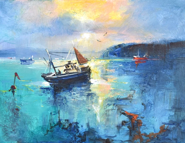 RICHARD BLOWEY OIL Painting Fishing Boats At Sea Original Cornish ...
