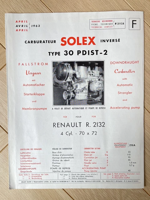 BROCHURE FICHE TECHNIQUE Solex Type 30 PDIST-2 carburateur inversé EUR ...