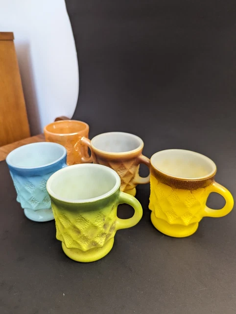 VINTAGE ANCHOR HOCKING AND FIRE KING PEACH LUSTER DIAMOND MUGS 5 ...