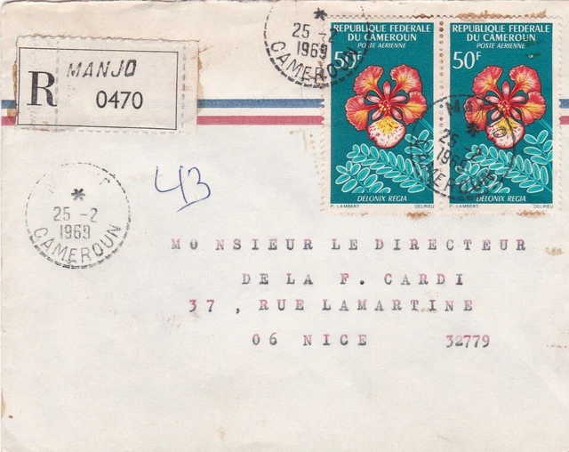 FRENCH COLONIES REGD MANJO Air Mail 1969 Delonix Regia Stamps Cover Ref ...