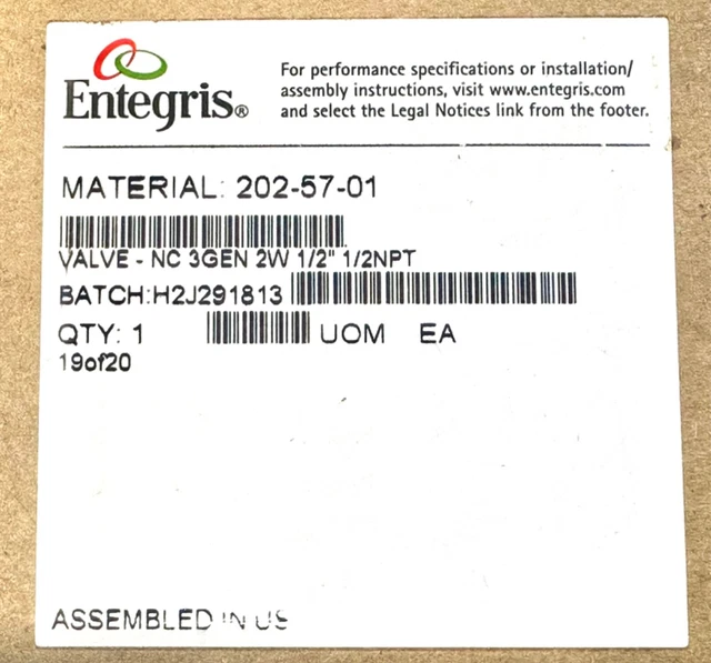 ENTEGRIS INTEGRA PNEUMATIC Diaphragm 2-Way Valve 1/2” Teflon (UK) 202 ...
