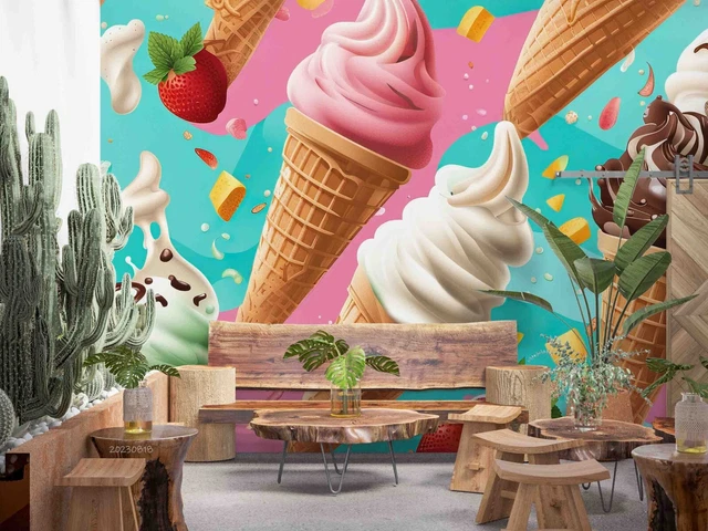 3D ICE CREAM Parlor Green Wall Murals Wallpaper Murals Wall Sticker ...