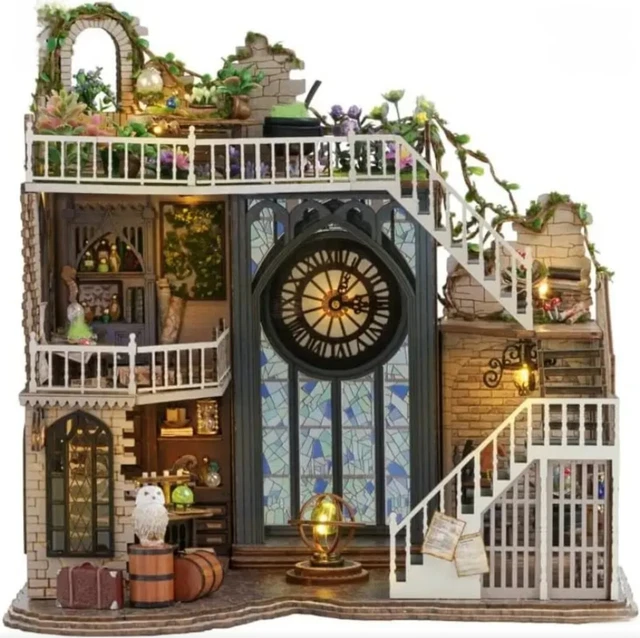 BOOK NOOK 3D wooden DIY Kit Magic Town clock miniature, Led light ...
