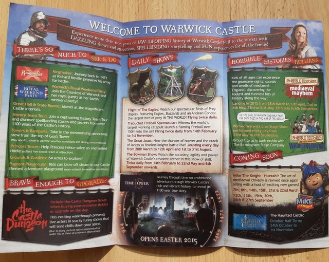 WARWICK CASTLE 2015 Leaflet, Merlin Entertainments, NEW Time Tower £1. ...