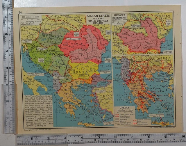 1941 WW2 MAP Balkan States Peace Treaties 1919-1923 Bulgaria Greece ...