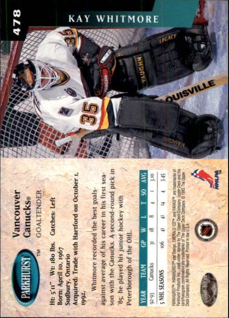CARTE DE HOCKEY 1993-94 Parkhurst Jets #478A Kay Whitmore EUR 1,64 ...