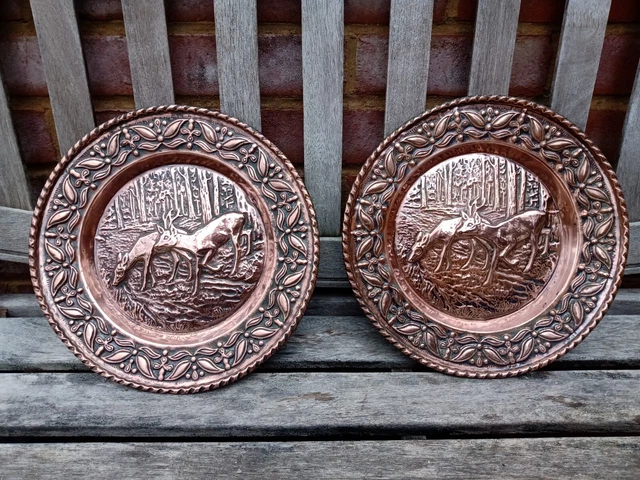 PAIR OF VINTAGE German copper roe deer wall hanging plates buck and doe ...