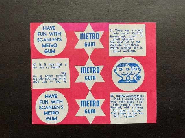 SCANLENS VINTAGE RARE 1960's ARCHIVE METRO GUM WRAPPER, RED $75.00 ...