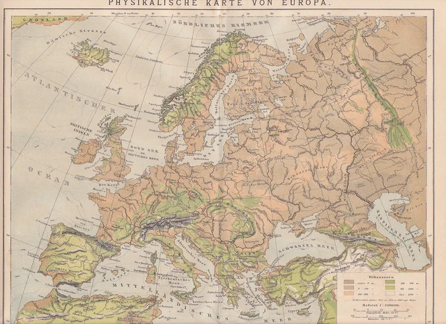 CARTE PHYSIQUE D'EUROPE De 1883 Montagnes Rivières Zones De Hauteur EUR ...