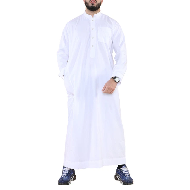 MENS WHITE THOBE Jubba Saudi Islamic Arabic Eid Cotton Kaftan Jubbah ...