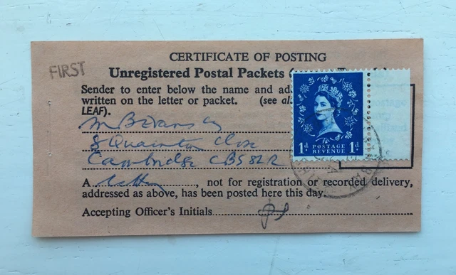 CERTIFICATE OF POSTING 1d Postage Stamp Colwyn Bay Cambridge GB Stamps ...