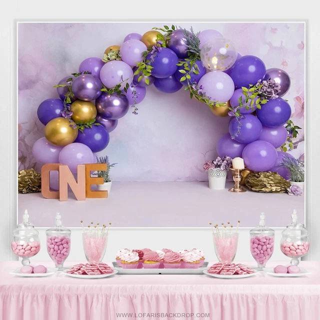 PURPLE GOLD BALLOONS Leaves One Happy Birthday Backdrop $37.90 ...