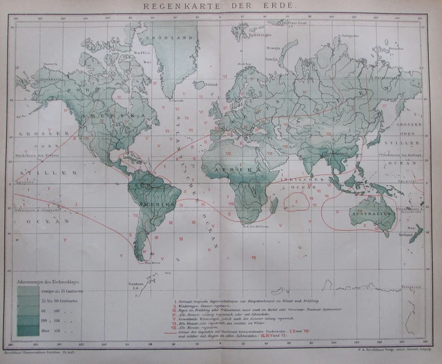 1895 REGENKARTE DER Erde Original alte Landkarte Karte Antique Map ...