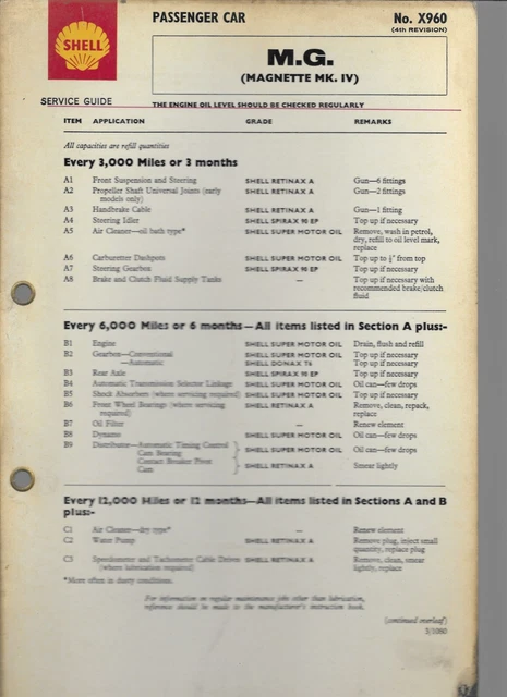 SHELL LUBRICATION CHART SERVICING GUIDE MG MAGNETTE Mk lV. X960/4 £4.99 - PicClick UK