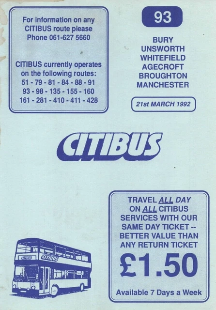 CITIBUS BUS TIMETABLE - 93 - Bury-Whitefield-Manchester - March 1992 ...