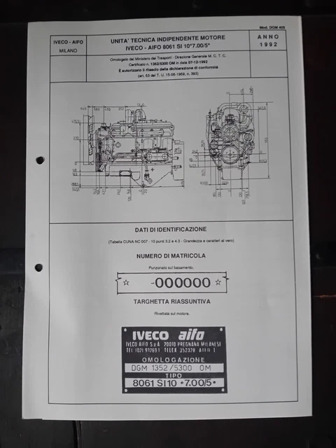 MOTORE AIFO IVECO 8061 SI TURBO 6 CILINDRI 1992 SCHEDA Omologazione ...