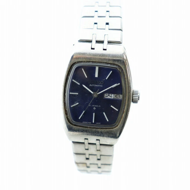 SEIKO AUTOMATIC 2706-3020 Square Watch Blue Dial Day Date 21J Silver ...