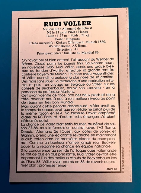 RUDI VOLLER AS Roma Serie A Deutchland 1988 Football Rookie Card ...