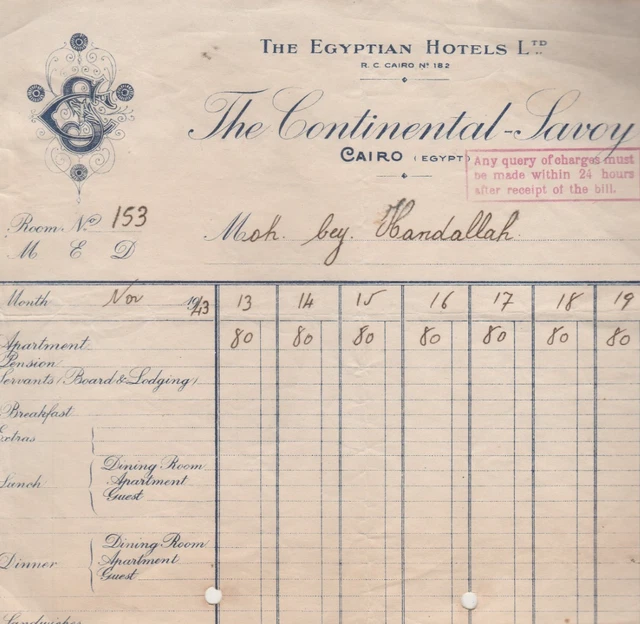 EGYPT-HOTELS OLD RARE Letterhead Invoice & Label THE CONTINENTAL -SAVOY ...