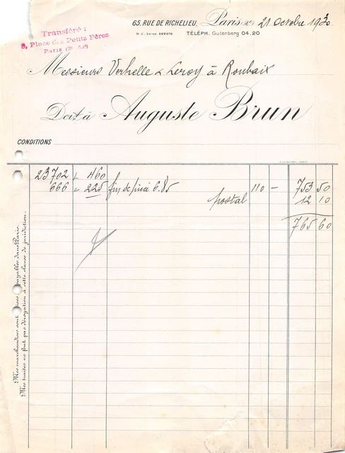FACTURE 1922 Bought Of Auguste Brun A Paris 65 Rue Richelieu - M ...
