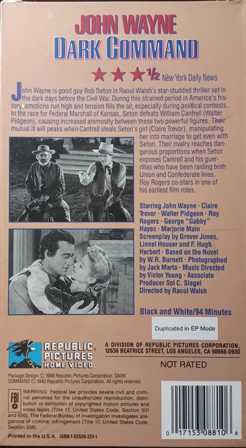 JOHN WAYNE DARK Command VHS 1988 Black and White Version Dup in EP Mode ...