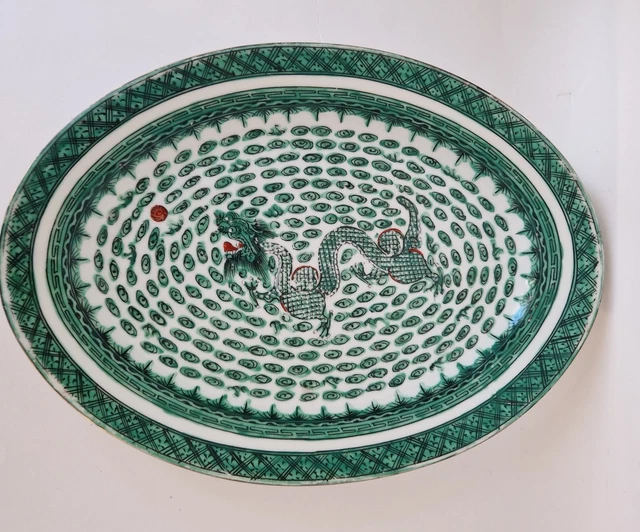 VINTAGE HAND DECORATED Dragon Porcelain Oval Platter Decorated In Hong ...