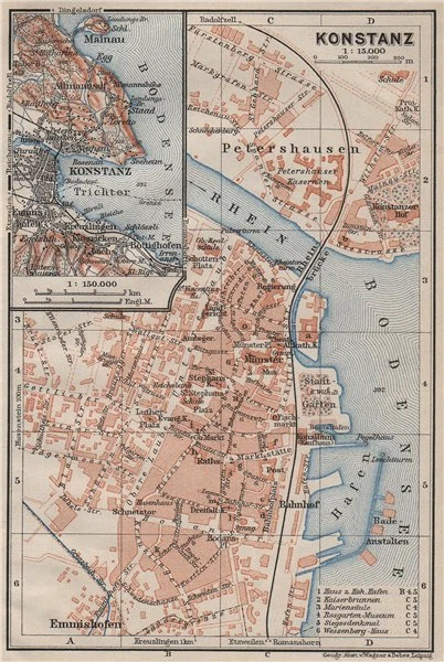 CONSTANCE. KONSTANZ. TOWN city stadtplan. Germany karte. BAEDEKER 1909 ...