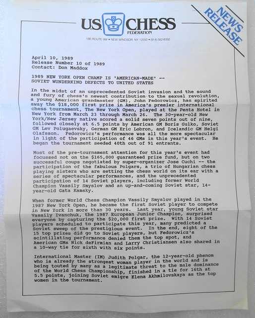 1989 GATA KAMSKY "Soviet Wunderkind" defects to the United States $102. ...