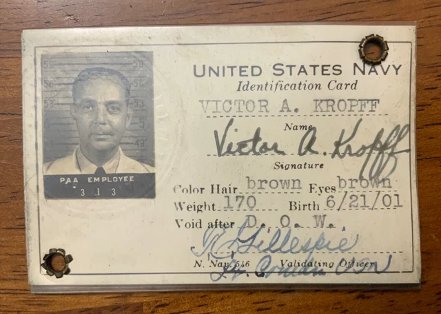 WWII ERA PAN American Airways PAA USN Navy Employee Identification Card ...