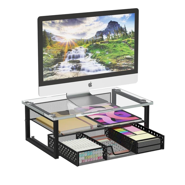 MONITOR STAND RISER Tempered Glass, 2 Tier Metal Computer Desk ...