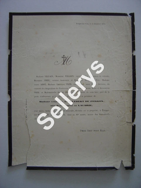 FAIRE PART DE décès Mme Veuve de Guillebert du Perron née Alexandrine de LAUBRIE EUR 9,90 ...