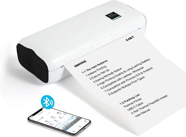 PORTABLE WIRELESS A4 Bluetooth Thermal Inkless Compact Printer for ...