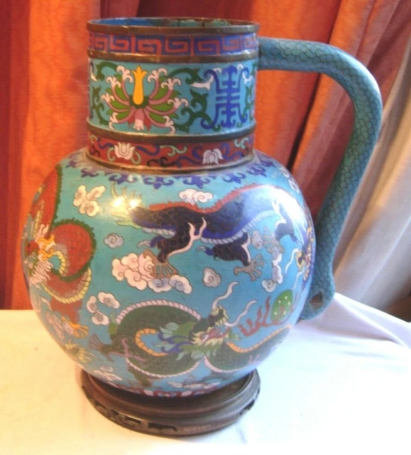 ENORMOUS CHINESE CLOISONNE water jug on stand with dragons 4 characters ...