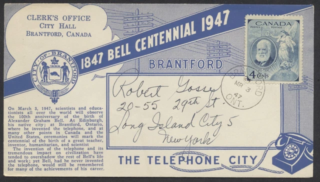 1947 #274 ALEXANDER Graham Bell FDC City of Brantford Cachet Clerks ...