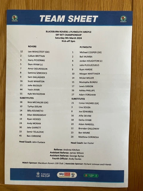 BLACKBURN ROVERS 2023-2024 Season Home Club Format A4 Colour Team ...