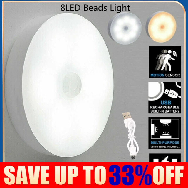 PIR MOTION SENSOR USB 8LED Night Lights Bedroom Wardrobe Closet Cabinet ...