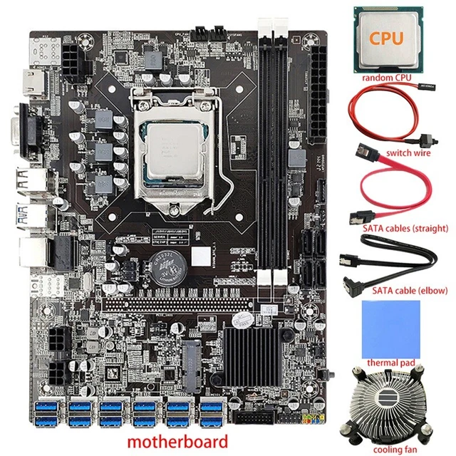 12 GPU B75 Mining Motherboard+CPU+Fan+Thermal Pad+2X SATA Cable+Switch ...