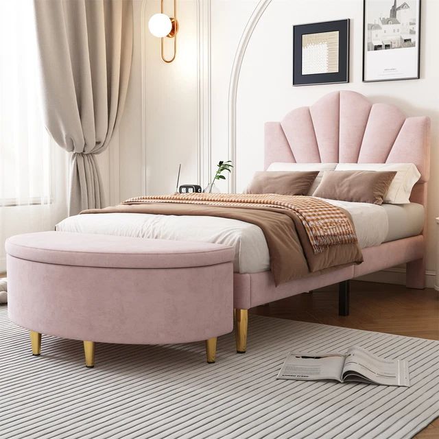 SINGLE 3FT UPHOLSTERED Platform Bed Frame with Headboard and Storage ...