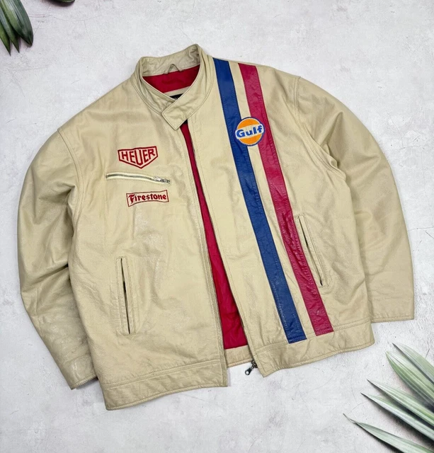 DAKOTA RACING LEATHER Jacket Steve McQueen GULF Heuer Firestone Beige ...