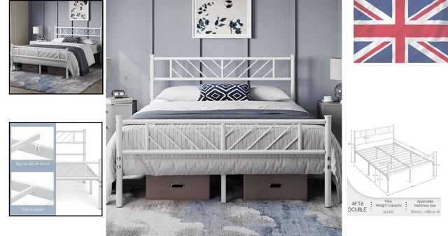 METAL BED FRAME Double 4ft6 White Modern Slatted Platform Squeak ...