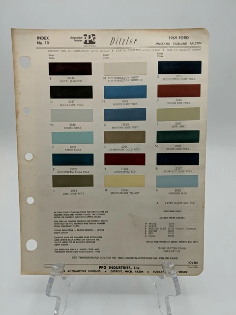 1969 FORD MUSTANG Fairlane Falcon Ditzler PPG Color Chip Paint Sample ...
