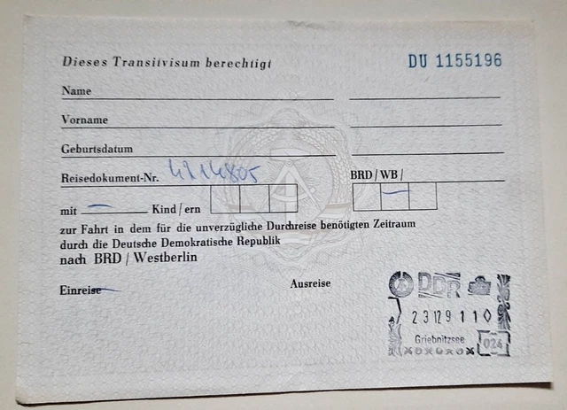 DDR TRANSITVISUM EINREISE ,mit Stempel- Mfs- 1991-Griebnitzsee EUR 5,00 ...