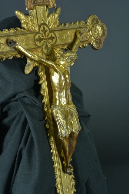 HUGE RARE ANTIQUE Gilt Bronze Religious Neo-Gothic Crucifix 19THc 26 3/ ...