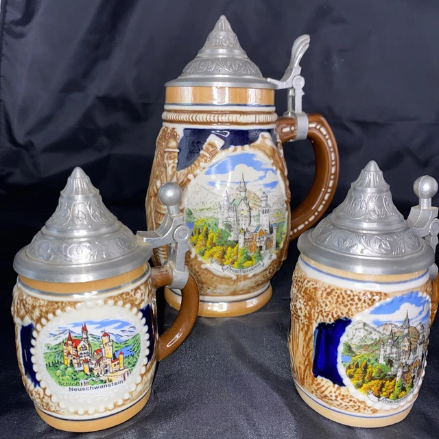 VINTAGE BAVARIAN GERMAN Beer Steins Pewter Lid Neuschwanstein Castle 2 ...