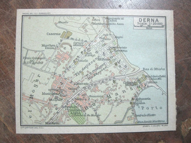 STAMPA ANTICA MAPPA COLONIE LIBIA DERNA COMANDO MILITARE PORTO ...