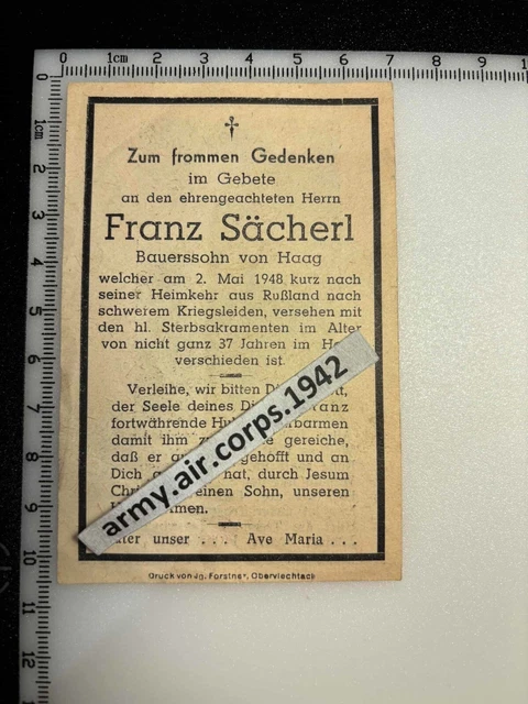 WW2 ORIGINAL GERMAN Heer Sterbebild Death Card FRANZ SACHERL Prisoner ...