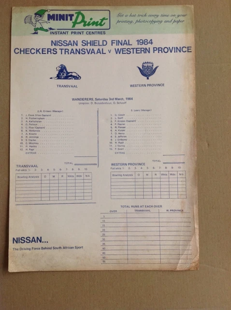 NISSAN SHIELD FINAL 1984 Checkers Transvaal v Western Province Cricket ...
